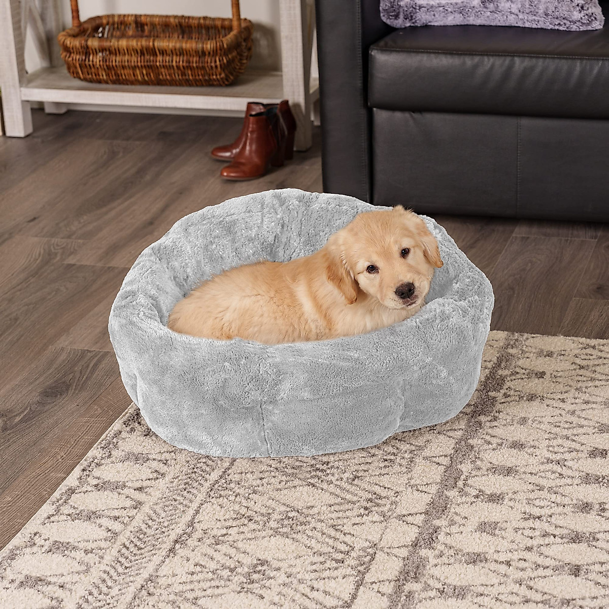 Furhaven 23" Round Self-Warming Pet Bed for Indoor Cats & Medium/Small Dogs, 100% Washable, For Pets Up to 45 lbs - Hi Lo Plush Luxe Faux Fur Cuddler - Gray, Medium