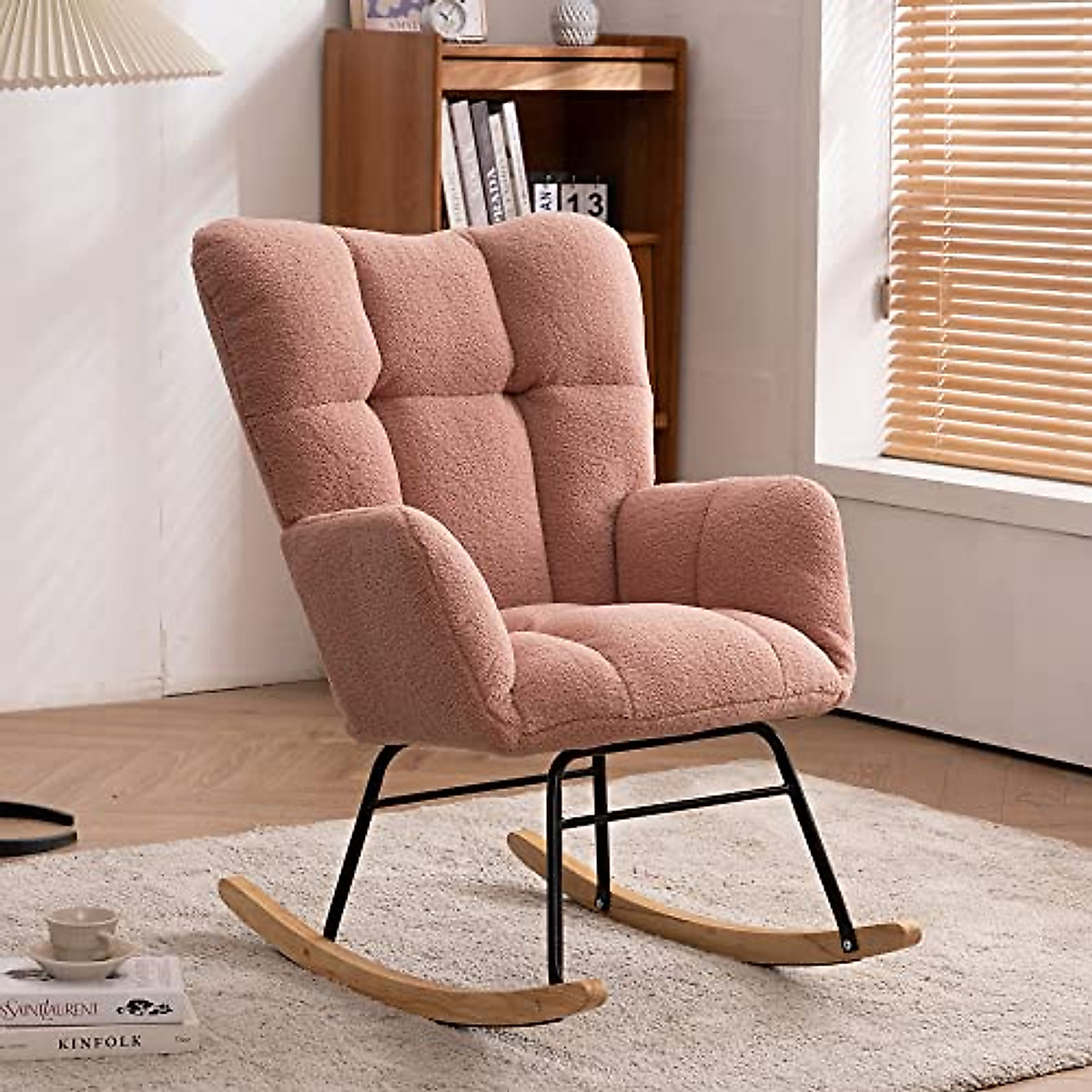 Krinana Teddy Fabric Nursery Rocking Chair, Rocker Armchair with Solid Wood Legs, Glider Chair Nursery with High Backrest for Living Room Apartment (Teddy Fabric,Pink)