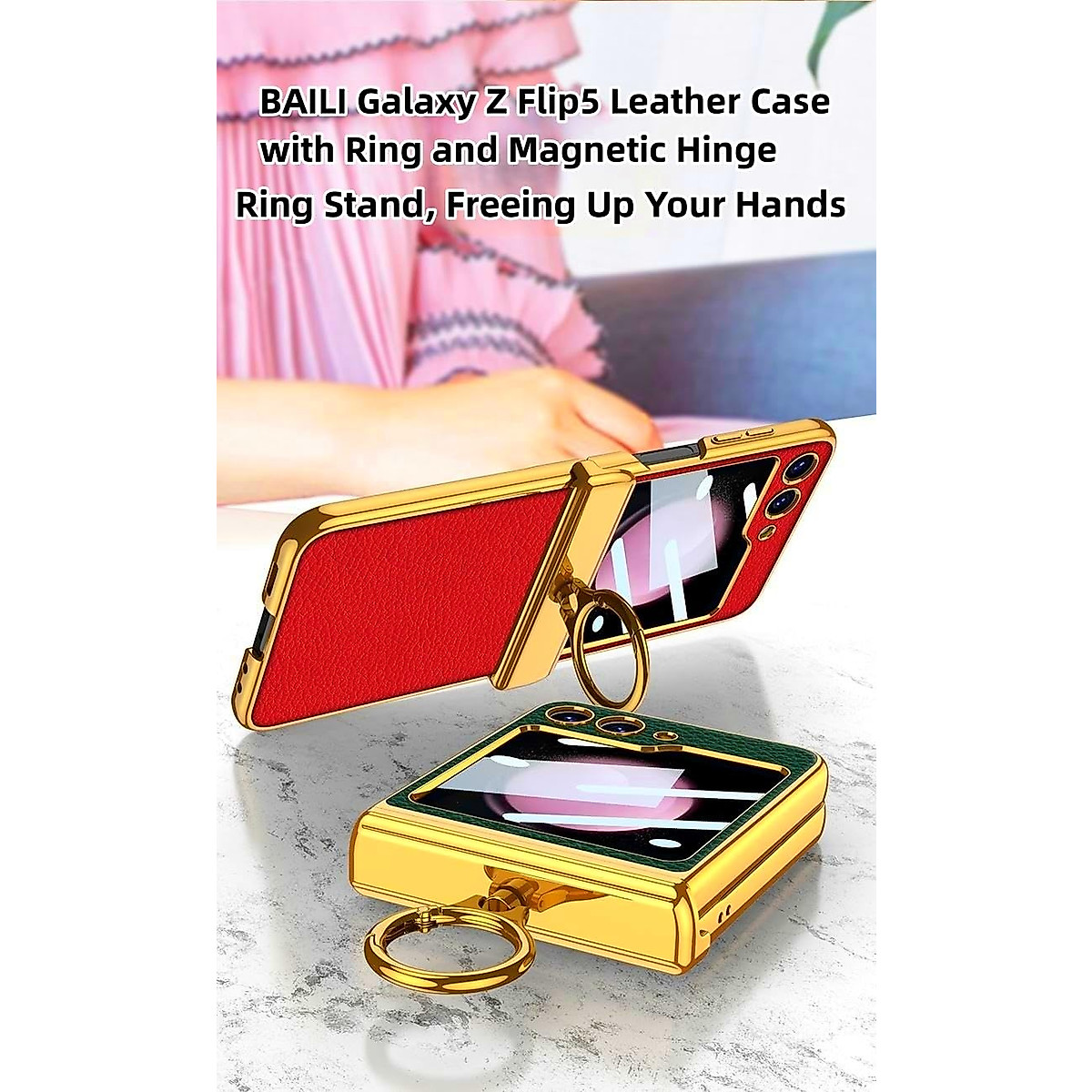 BAILI Galaxy Z Flip5 Case with Ring,Galaxy Z Flip5 Case with Magnetic Hinge,Z Flip5 Case with Leather,Military Grade Drop Protective Flip 5 Case with Electroplated Frame-Orange