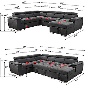 FANYE Oversized U-Shaped Sleeper Sectional Sofabed Sofa W/Pull Out Couch Bed & Wide Storage Chaise,7 Seaters Convertible Sofa&Couch with Adjustable Headrests for Home Apartment Living Room