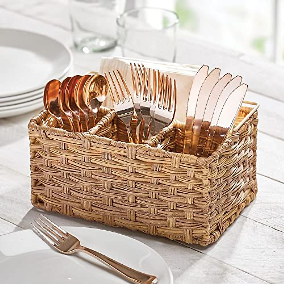 mDesign Plastic Woven Divided Cutlery Storage Organizer Caddy Tote; Basket Holder for Kitchen Table, Cabinet, Pantry - Holds Silverware, Forks, Knives, Spoons, Napkins and other Utensils - Camel Brown