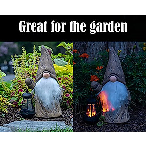 Garden Gnome Decorations with Solar Lights, Funny Resin Gnome Garden Figurines-Outdoor Lawn Decor Flocked for Patio, Balcony, Yard, Ornament Unique Christmas Housewarming Gift, 13 inch (Brown)