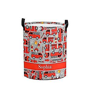 Firetruck Firefighters Large Storage Basket Personalized Laundry Hamper with Name Bathroom Home Decor Collapsible Round Storage Bin Boxes Clothing for Gift