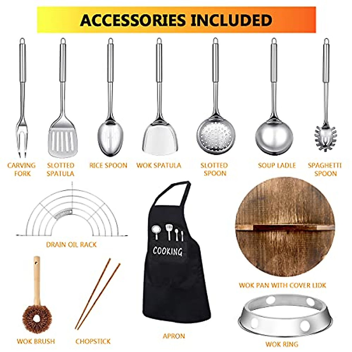 kaqinu Carbon Steel Wok Pan, 14 Piece Woks & Stir-Fry Pans Set with Wooden Lid & Cookwares, No Chemical Coated Flat Bottom Chinese Woks Pan for Induction, Electric, Gas, Halogen All Stoves - 12.6''