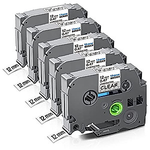 Unismar 1/2'' Black on Clear TZe Label Tape Compatible for Brother TZe-131 TZe131 TZ 12mm 0.47 Laminated Tape Clear for Ptouch PTD220 PTD200 PTD210 PTD400AD PTH100 Label Maker, 1/2'' x 26.2', 5-Pack