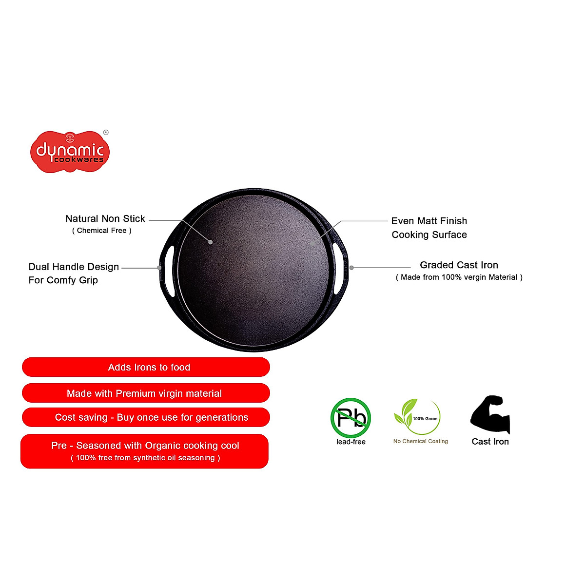 DYNAMIC COOKWARES Cast Iron Dosa Tawa 11 Inch, 28CM