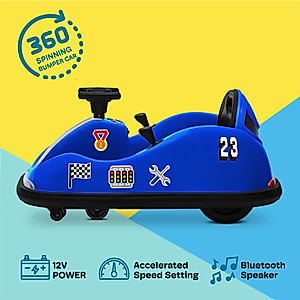 Kidzone 12V 2 Driving Mode (Steering Wheel/Joystick) Ride On Bumper Car for Kids & Toddlers 1.5-6 Year Old DIY Sticker Baby Bumping Toy Gifts W/Remote Control LED Lights, 360 Degree Spin