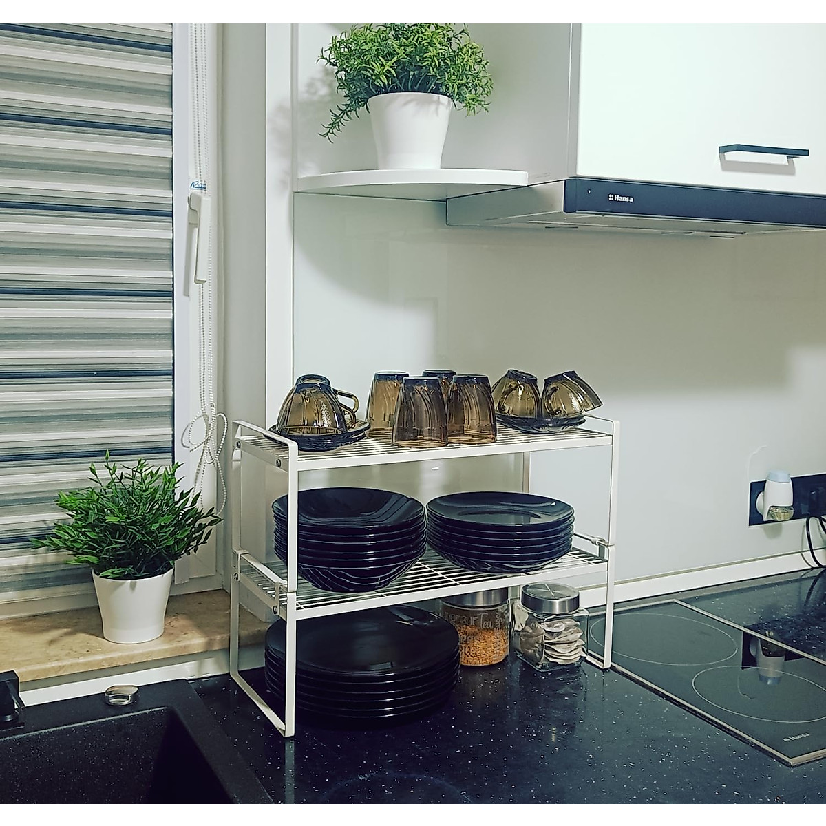 2 Pack Stackable Kitchen Cabinet Shelf Organizer Rack – Countertop Storage for Pantry, Bathroom, Office, Space Saving, Rust Resistant, Non-Slip, White, 20" L x 8.25" D x 7.3" H Each, 14.6" H Stacked