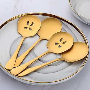 TUPMFG Serving Spoons Set - Stainless Steel Serving Utensils Includes Serving Spoons, Slotted Spoons, Tongs and Cake Server for Buffet Party Gold