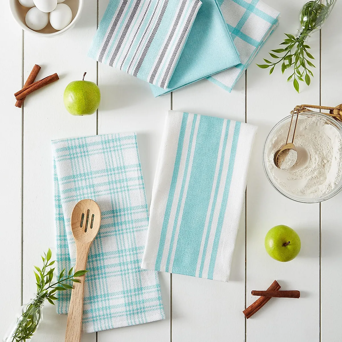 DII Assorted Woven, Kitchen Dishtowel Set, 18x28, Aqua, 5 Piece