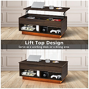HOMMPA Lift Top Coffee Table with Hidden Storage LED Coffee Table Dark Walnut Living Room 3 Tiers Tea Table with Storage Center Tables Hidden Compartment & 2 Open Shelves