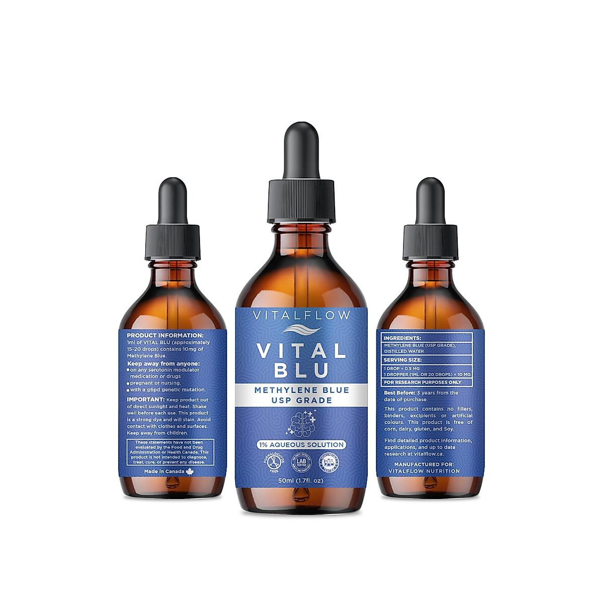 VITALFLOW Methylene Blue 1% Aqueous USP Grade Solution, Ultra High Purity, Free of Formaldehyde, Amber Glass Graduated Dropper Bottle