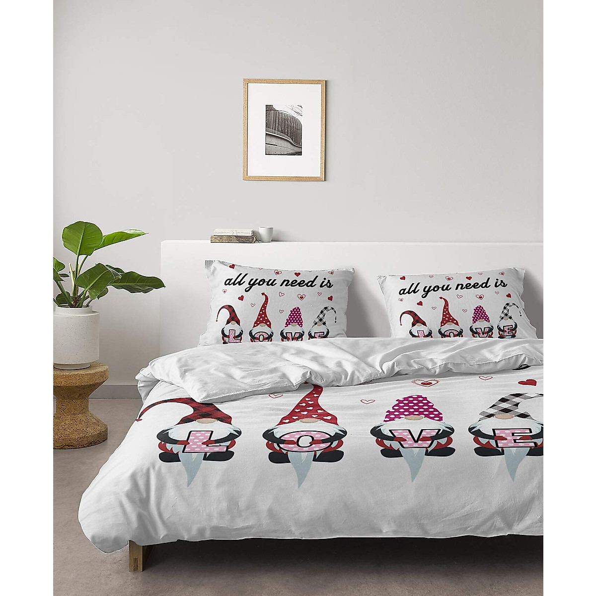 Valentine's Day Gnomes 4 Pieces California King Duvet Cover Sheet Set Cute Cartoon Dwarfs Romantic Bedding Sets Luxury Soft Bed Quilt Cover Bedspread with Decorative Pillowcases Sweet Love Heart