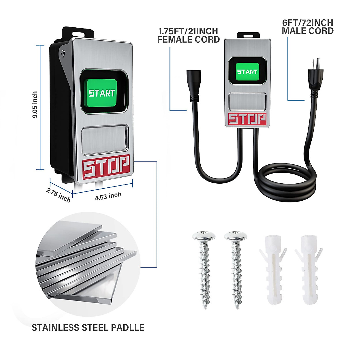 CLEESINK Single Phase On/Off Switch, Router Table Switch with Large Stainless Steel Stop Sign Paddle Easy Visibility and Contact for Quick Power Off for Table Saws and Other Small Machinery