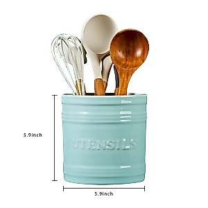 Kitchen Utensil Holder for Countertop 5.9 inch Porcelain Utensil Crock for Kitchen Deep and Large, Turquoise