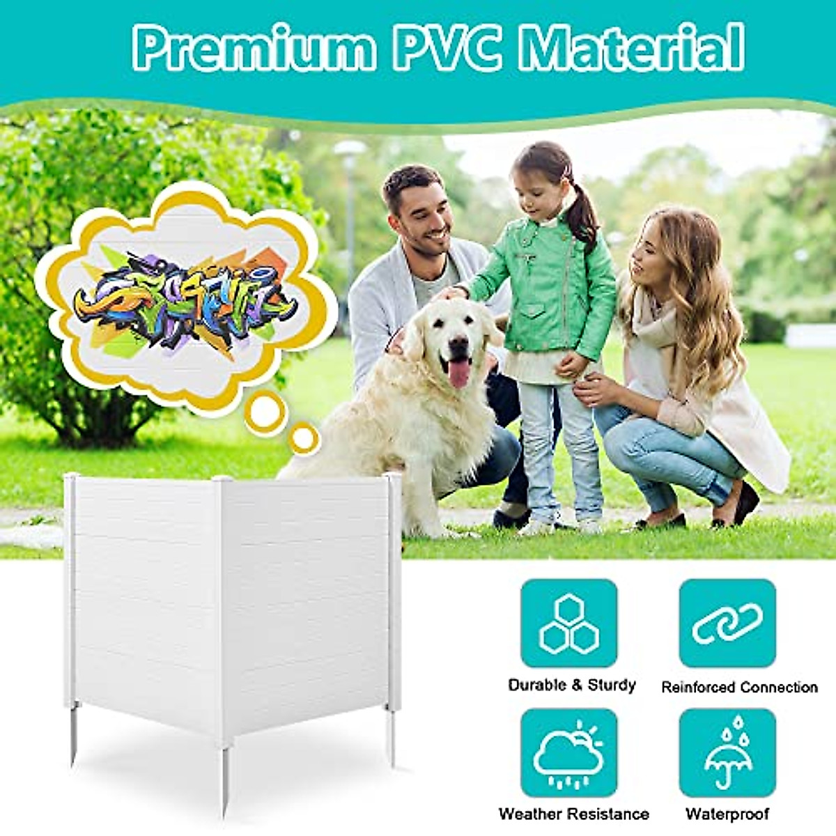 BETELNUT Outdoor Privacy Screen 2 Panels, 48''H Decorative Air Conditioner Fence Trash Can Enclosure with 3 Stakes, Easy Assembly, PVC Vinyl Freestanding Picket Fences for Garden Patio Lawn