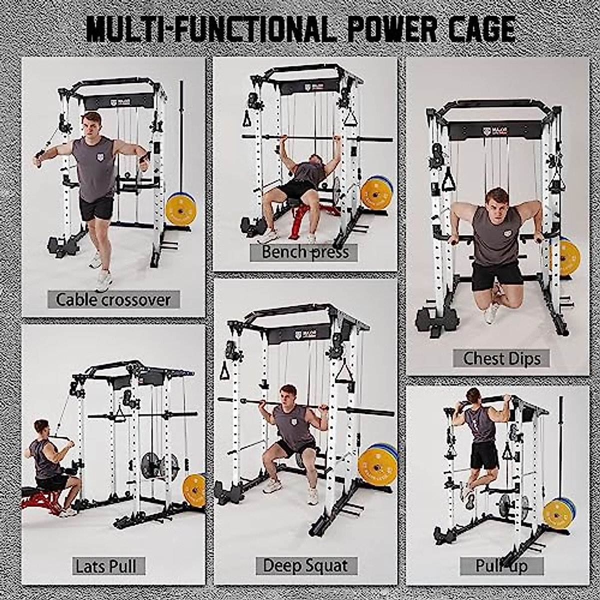 MAJOR LUTIE Power Cage with Weight Bench, 230LBS Competition Bumper Plates and Olympic Barbell, PLM03 Multi-Function Power Rack with Adjustable Cable Crossover System and Exercise Attachment White