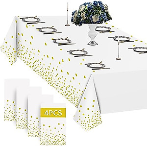 4 Pack Plastic Table Cloth Cover for Parties Disposable, White and Gold Tablecloth for 8 Foot Rectangle Tables, Birthday Wedding Graduation Mather Valentine's Day Easter Party Supplies Decorations