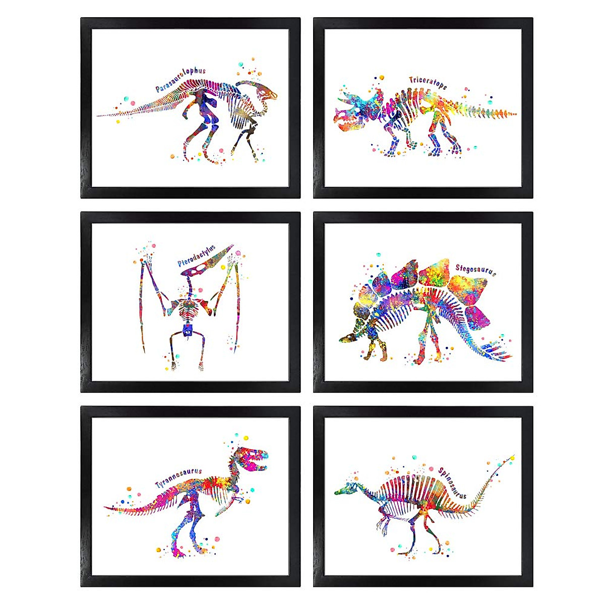 Dignovel Studios Unframed (Set of 6) 8X10 T Rex Stegosaurus Triceratops Pterodactylus Parasaurolophus Spinosaurus Watercolor Dinosaur Skeleton Nursery Decor dnc2