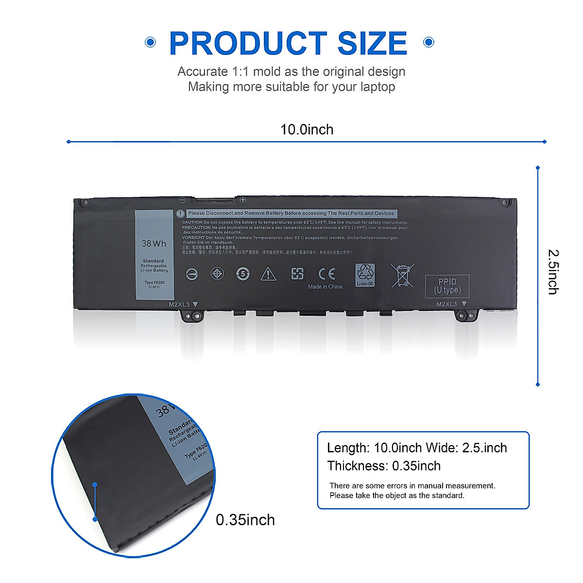 38Wh F62G0 Battery for Dell Inspiron 13 7000 7373 7386 7370 39DY5 2 in 1 7380 5370 P83G P83G001 P91G P87G P91G001 P83G002 P87G001 Vostro 5370 F62GO RPJC3 39DY5 039DY5 0RPJC3 0F62G0 CHA01 11.4V 3-Cell