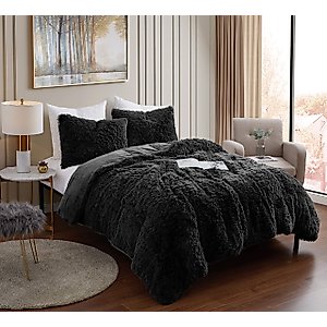 Sweet Home Collection Plush Shaggy Duvet Cover Set Ultra Soft Luxurious Faux Fur Decorative Fluffy Crystal Velvet Bedding with 2 Shams, Queen, Black(Pack of 1)