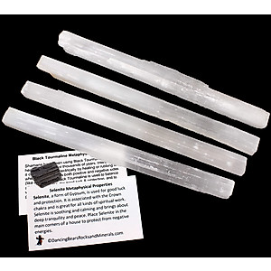 SELENITE (4) Large Sticks, approx. 6-8" long Wands plus Black Tourmaline Crystal and educational ID cards, Bulk, Reiki, Chakra, Healing, Good luck, and Protection