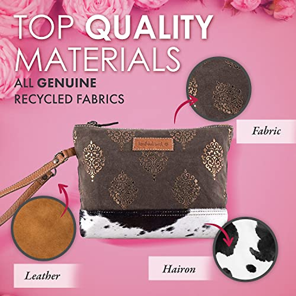 SIXTEASE Women's Fashion Wristlet Small Clutch With Wrist Strap - Vintage Style Zipper Made with Genuine Leather, Upcycled Canvas, Rug, or Hair On - Unique Designs, Hand Stitched - Dimensional