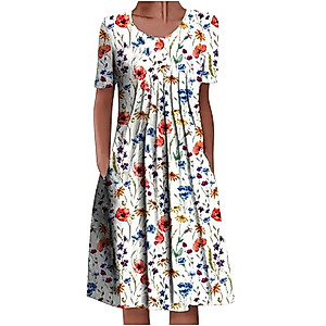 Floral Printed Casual Dress for Women Summer Crewneck Short Sleeve Swing Pleated Midi Dress Beach Party Sundress White