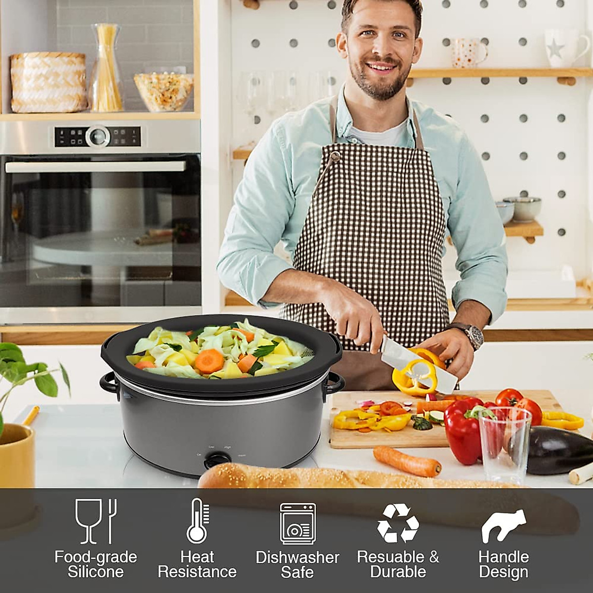 ChefAid Slow Cooker Liners, 100% Silicone Reusable Crock Pot Insert Accessories for 6-8 Oval or Round Quart Slow Cookers, Food Safe & Dishwasher Safe (Black-Grey)