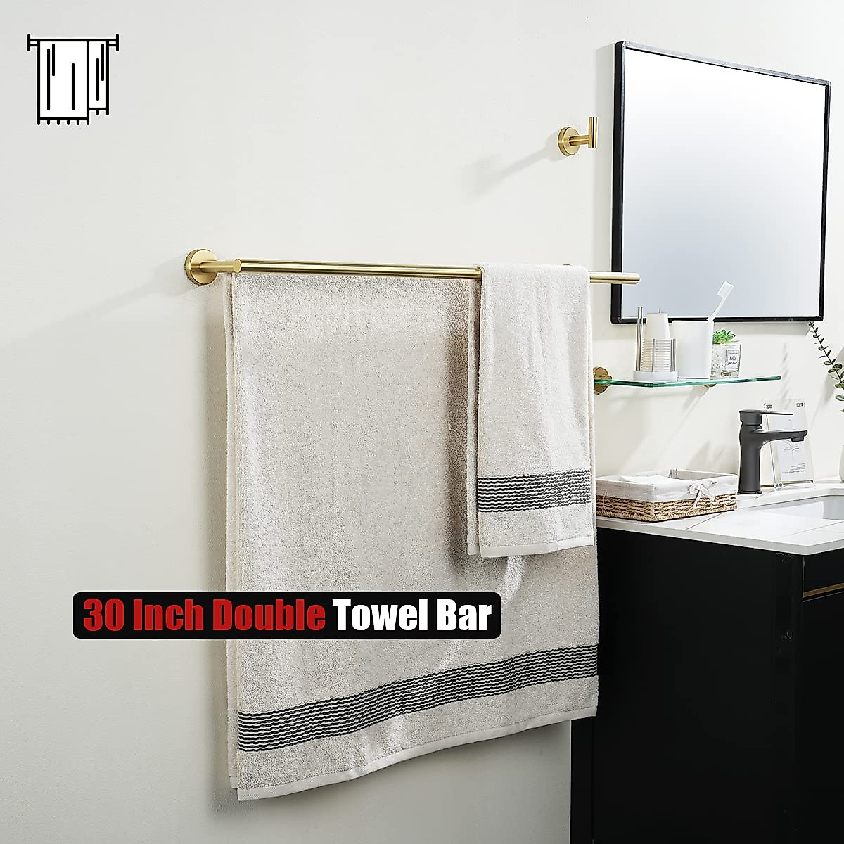 JQK Double Bath Towel Bar, Brushed Gold 30 Inch 304 Stainless Steel Thicken 0.8mm Towel Rack for Bathroom, Towel Holder Wall Mount, 33 in Total Length, TB100L30-BG