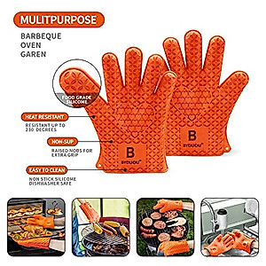 BYDUOU Grilling Gloves Heat Resistant BBQ Gloves Kitchen Silicone Oven Gloves Safe Handling of Hot Food Pots and Pans for Barbecue Cooking Baking(Orange)