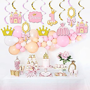 K KUMEED Princess Party Decorations,Pink Gold Princess Hanging Swirls,1st Birthday Princess Decorations for Girls,Cute Bow Crown Foil Ceiling Decorations for First Princess Party Supplies