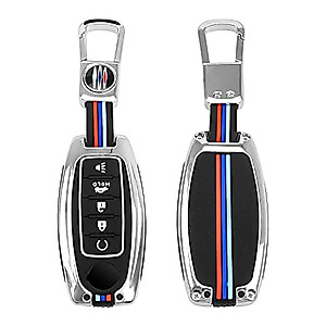 Key Fob Cover with Key Chain Only Fit for Nissan 5 Buttons Smart Key, Soft Silicone Full Protection and Metal Shell Smart Key Case, Silver