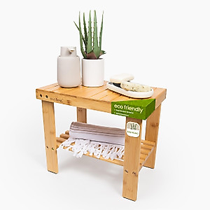 DECOMIL - Bamboo Shower Bench 16”, Foot Rest Shaving Stool with Storage Shelf | Nonslip Feet & Waterproof Bathing Bench | Perfect for Indoor and Outdoor Use