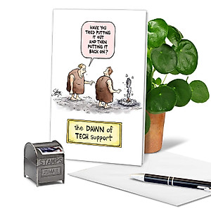 NobleWorks - 1 Funny Birthday Card Cartoons - Hilarious Comic Humor, Notecard with Envelope - Dawn of Tech Support C4038BDG