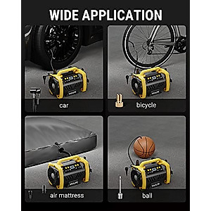 VacLife Tire Inflator Portable Air Compressor - 12V DC/120V AC Car Tire Pump for Air Mattress Beds, Boats with Inflation and Deflation Modes, Dual Powerful Motors, Model: ATJ-6588, Yellow (VL758)