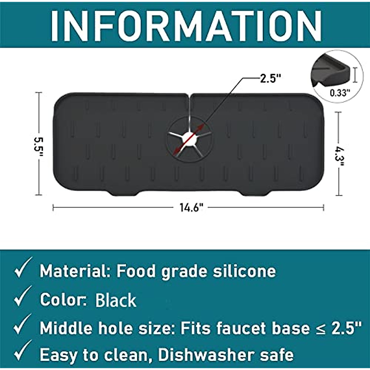 Kitchen Sink Splash Guard, Silicone Faucet Handle Drip Catcher Mat, Sink Splash Drain Drying Pad Behind Faucet, for Kitchen & Bathroom Countertop Protector (Black)