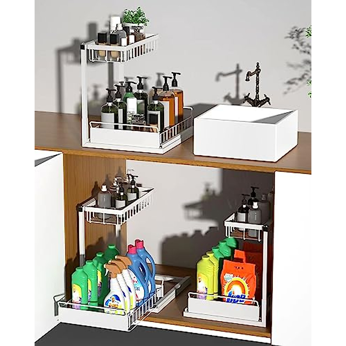 Zyerch Under Sink Organizer,Metal Pull Out Kitchen Cabinet Organizer with Sliding Drawer,Sturdy Multi-Functional for Bathroom Organization,White