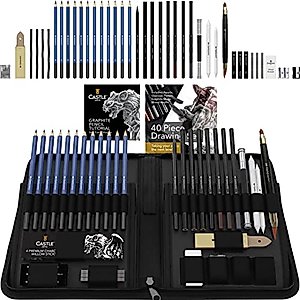 Castle Art Supplies Graphite Drawing Pencils and Sketch Set (40-Piece Kit), Complete Artist Kit Includes Charcoals, Pastels and Zippered Carry Case, Rare Pop-Up Stand