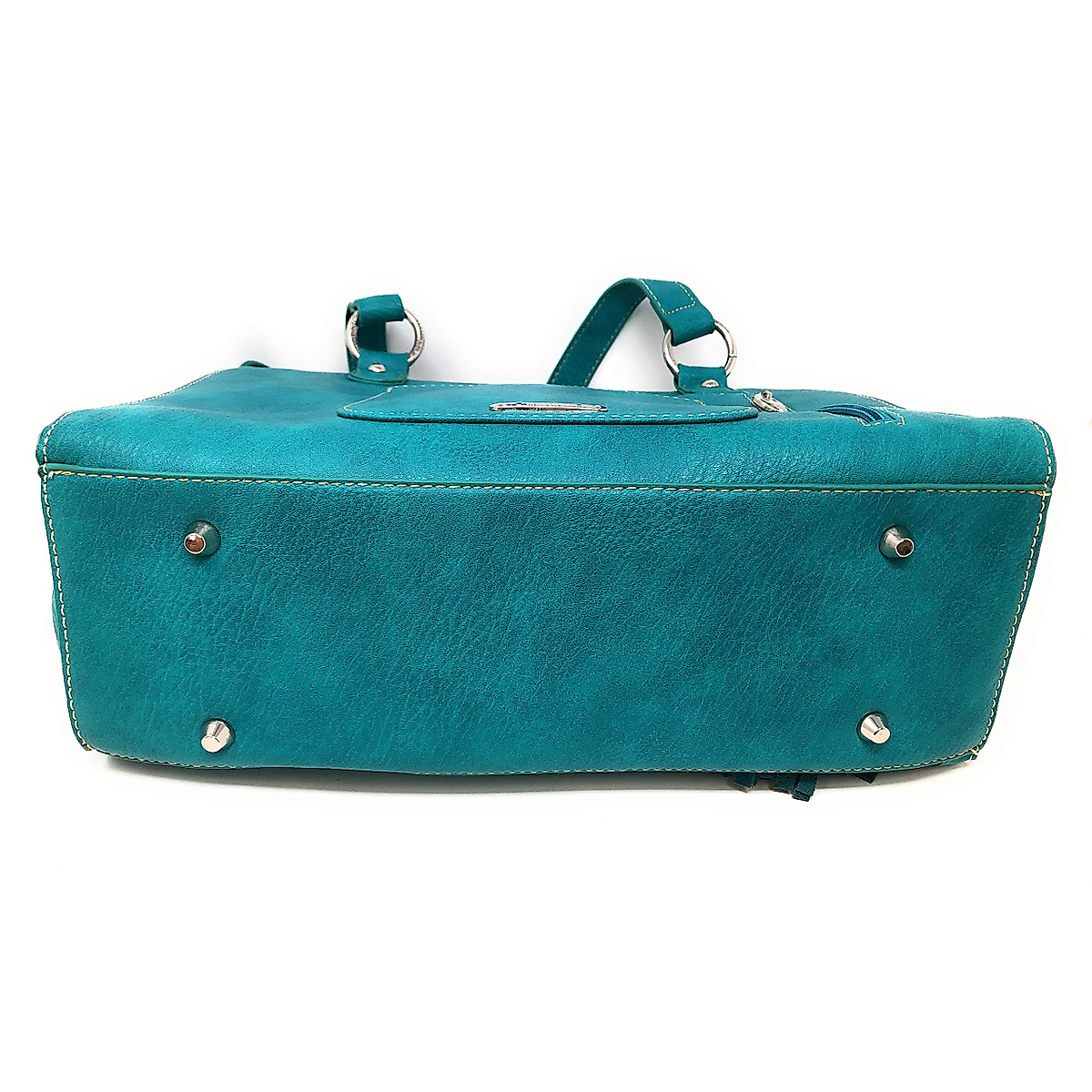 Set of Women's Concealed Carry Tote Double Flat Strap Purse with Laser Cutout Inlay with Matching Wallet (Turquoise)