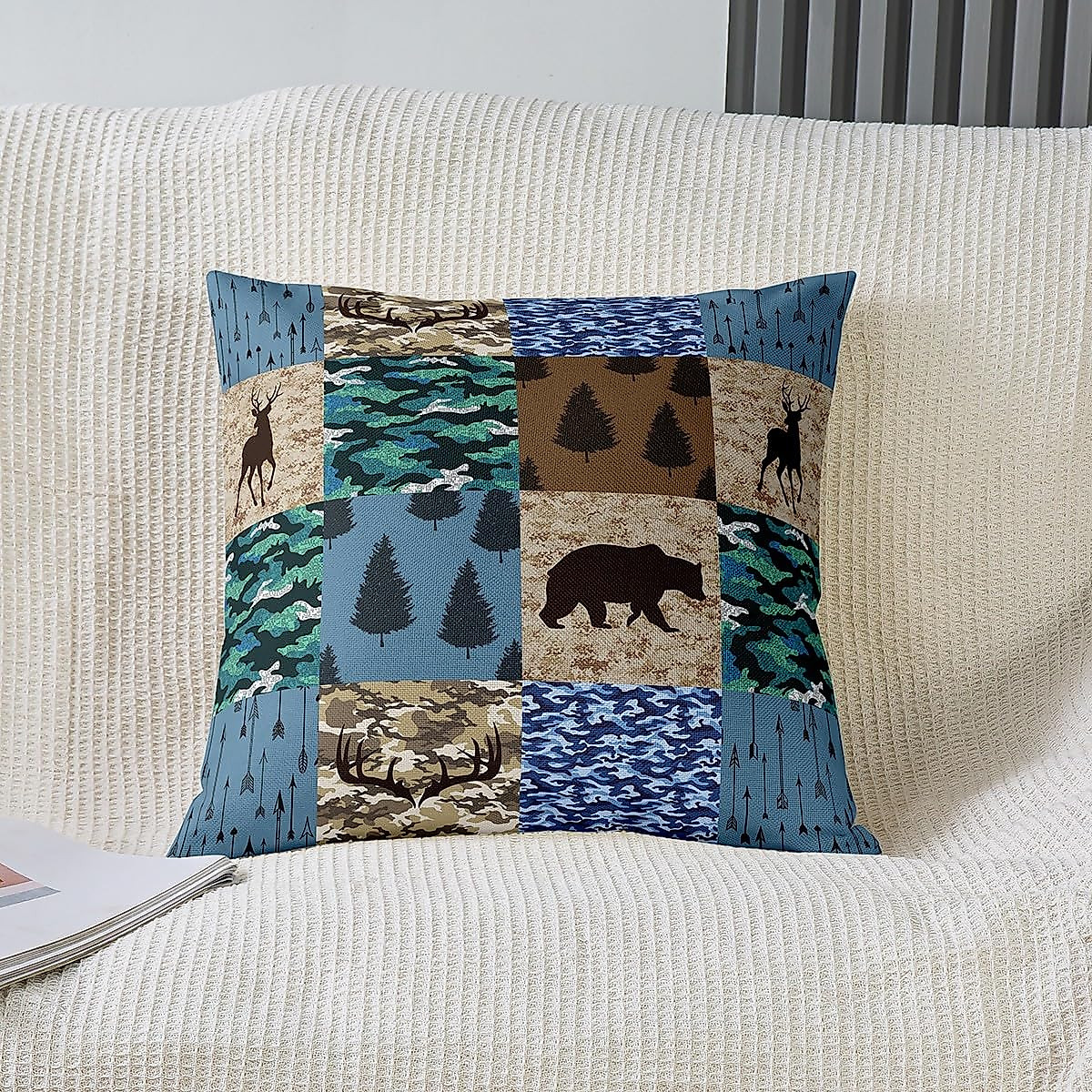 Erosebridal Hunting Animal Throw Pillow Cover 18x18 inch,Woodland Bear Deer Pillow Cover for Boys Kids,Camouflage Arrow Cushion Cover,Jungle Plants Patchwork Accent Pillow Case Waterproof,Blue Brown