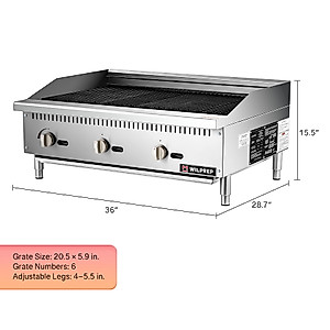 WILPREP Gas Countertop Radiant Charbroiler, 36 in Commercial Radiant Charbroiler with 3 35000 BTU U-Shaped Burners & 6 Cast Iron Grates, NG LPG Compatible Gas Charbroiler for Home Commercial Kitchen