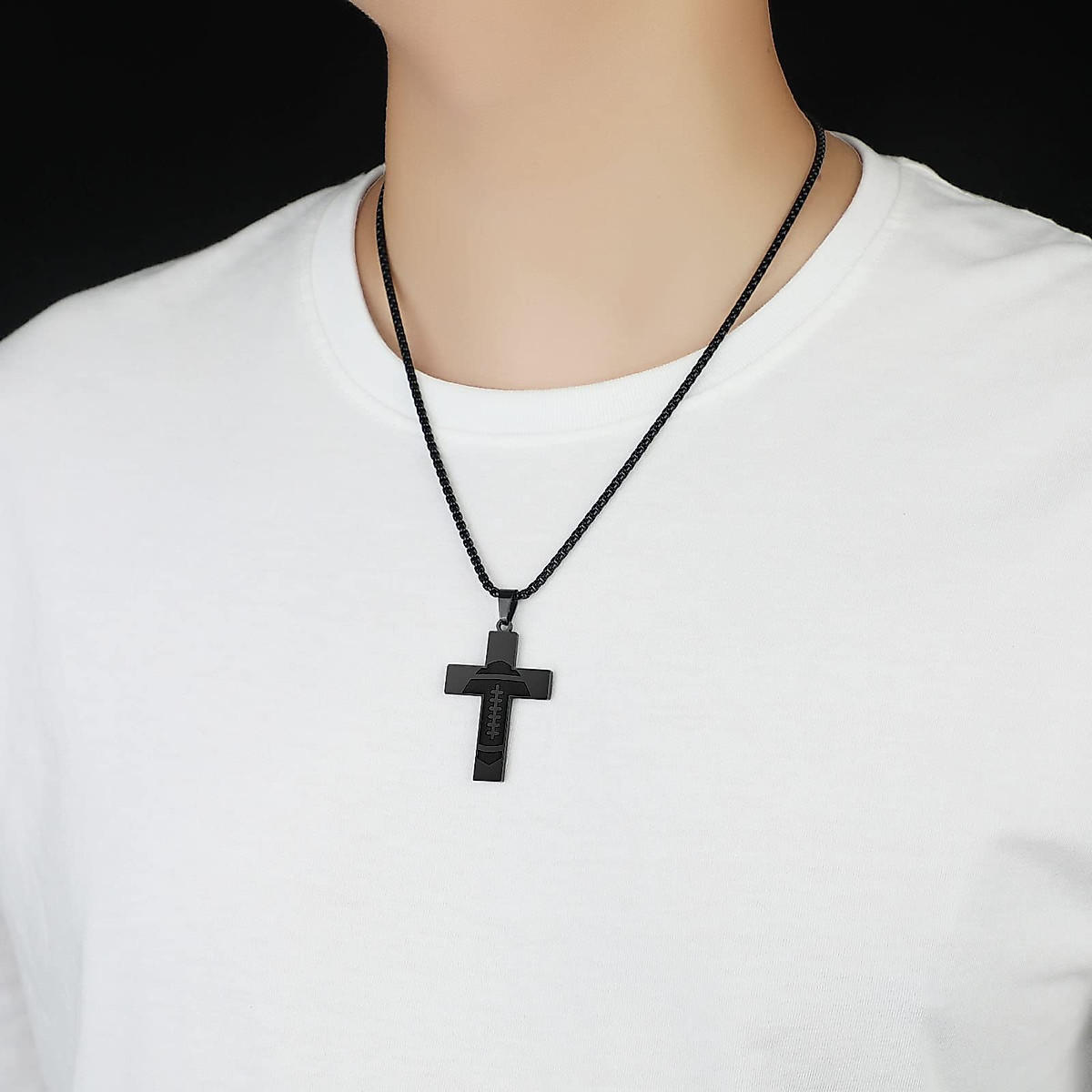 Football Cross Necklace for Boys Inspirational Bible Verse Cross Pendant Stainless Steel Chain 22+2 inch Football Sports Jewelry Football Gift for Men Women(B-Brave Strong)Over 18 years old