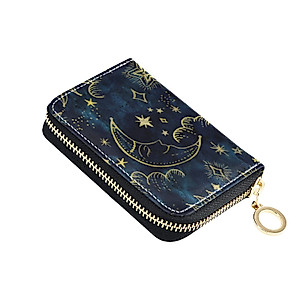 Gold Sun Moon Golden Soleil Cosmos Astrology on Dark Blue Pattern Credit Card Coin wallet, Key Change Organizer Zipper Purse Compact Clutch Pouch Pocket, RFID Blocking Women Leather Card Holder
