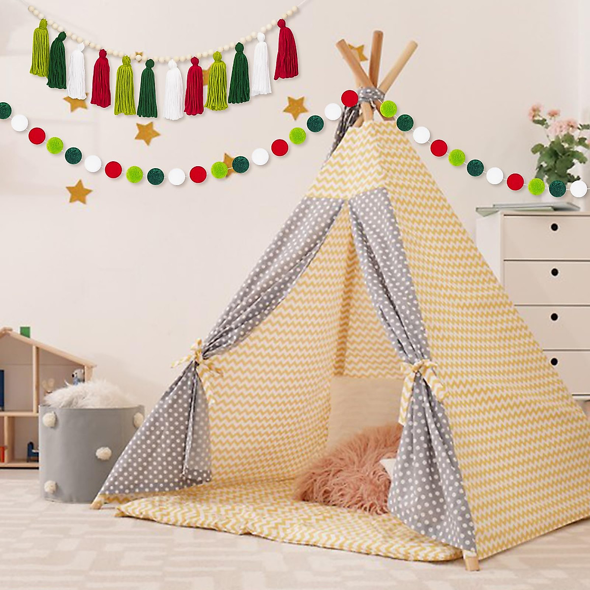 Anwyll Tassel Garlands,Christmas Tassel Garlands with Wood Beads,Tassel Wall Hanging Decor,Classroom Home Decor Pastel Tassel Garland with 2Pcs Pom Pom Balls Garlands for Christmas Holiday Party