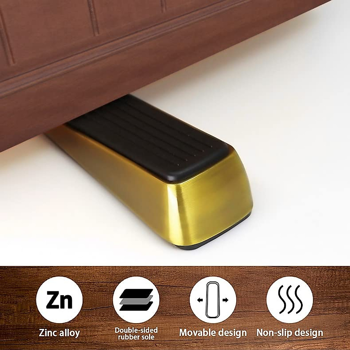 2 Pack Gold Door Stopper - Modern Brass Heavy Duty Door Stop - Large Wedge Holds Doors Firmly and Doesn't Budge - Made of Rubber and Zinc Alloy, Door Weights for Home Premium Door Stopper Office(Gold)