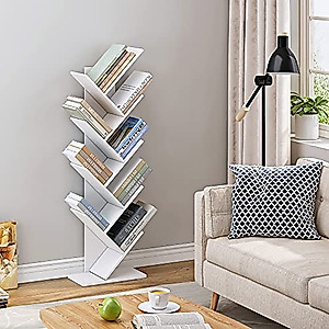 Function Home Tree Bookshelf, 9 Shelf Small Geometric Bookcase, Free Standing Book Shelves, Unique Wood Storage Rack for CDs/Books Utility Organizer Shelves for Living Room, Bedroom, Home Office,White