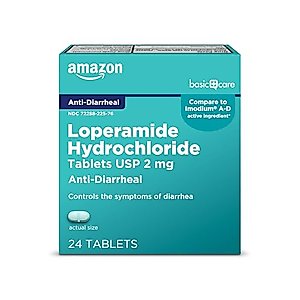 Amazon Basic Care Loperamide Hydrochloride Tablets, 2 mg, Anti-Diarrheal, 24 Count (Pack of 1) (Packaging may vary)
