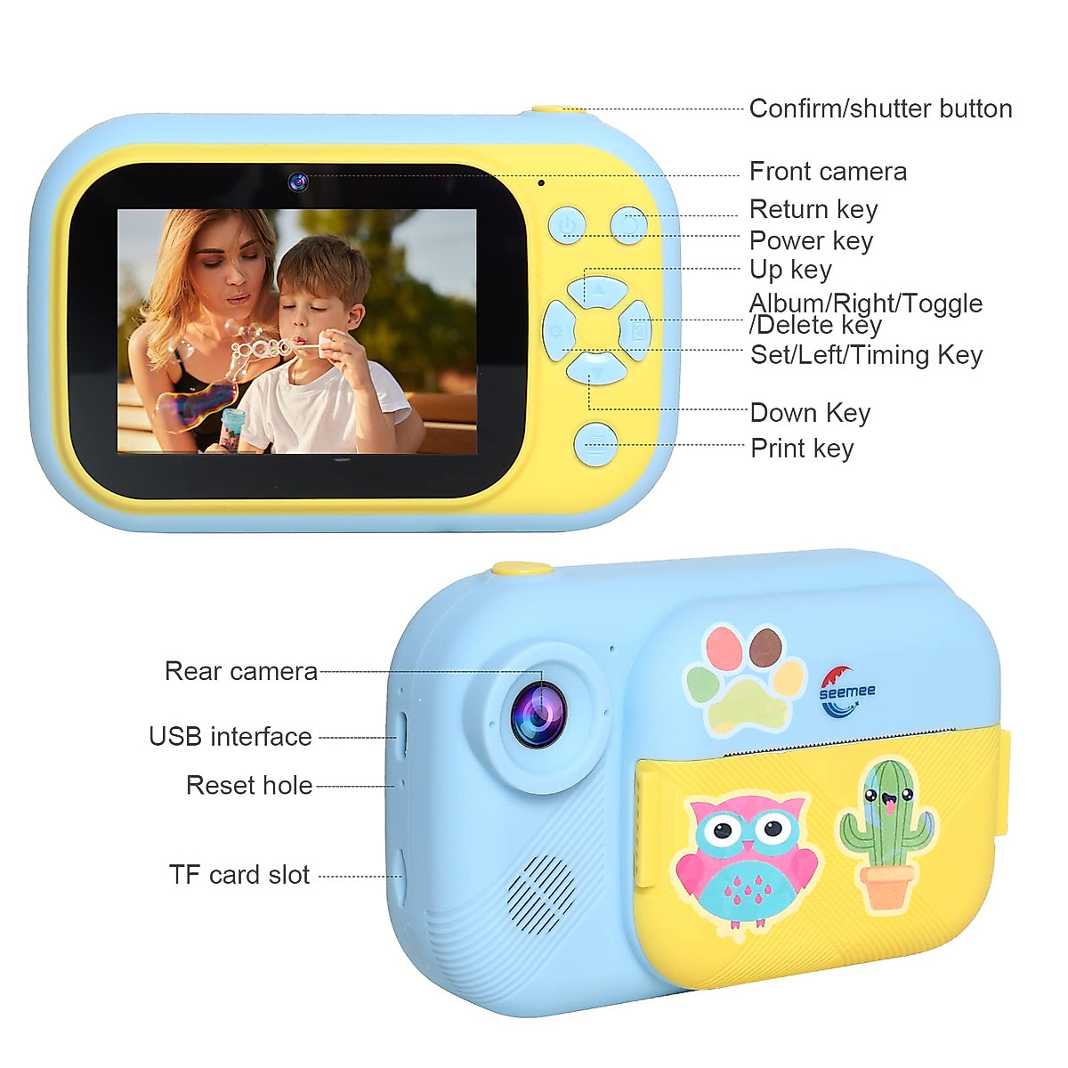 Seemee Instant Print Camera for Boys, Selfie Instant Camera with 3.5" Screen, 32G Card, 3 Rolls Print Papers, Stickers, Cute Camera Birthday Gifts Toys (Blue)