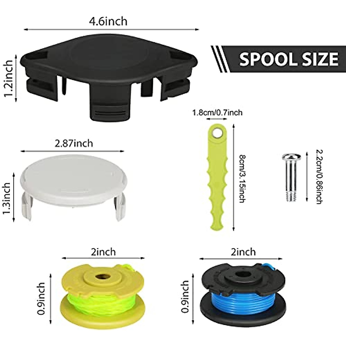 Eyoloty ACFHRL2 Polycarbonate Blades Head,AC14RL3A & AC80RL3 Spool Line Compatible with Ryobi 18V 24V 40V RY40210 RY40210A String Trimmers,with AC14HCA Cap Cover and Ryobi Trimmer Parts (18 Pack)